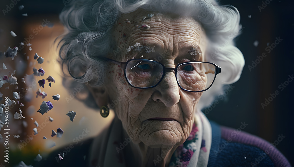 Senior old woman losing parts of head as symbol of decreased mind ...