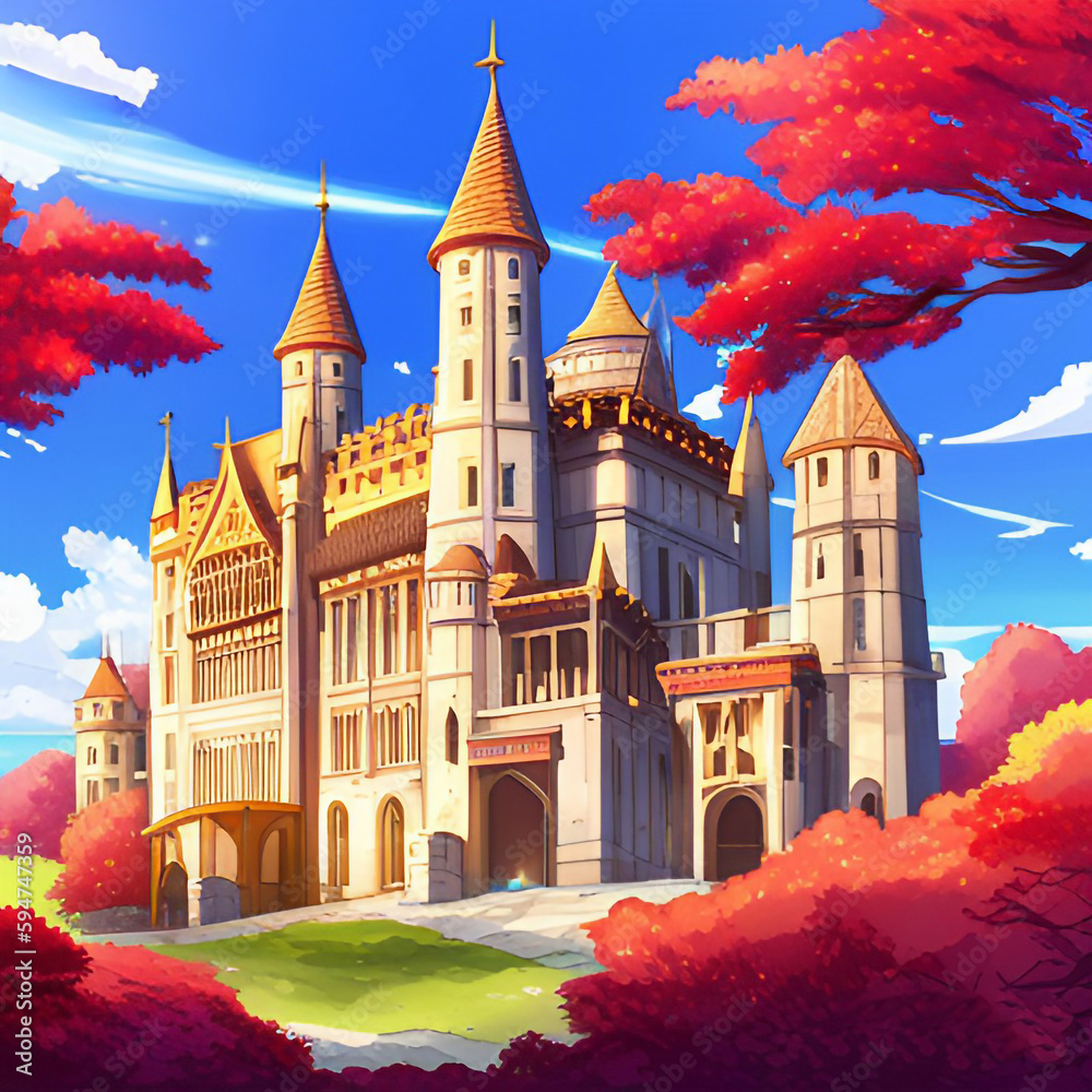 Fantasy Anime Castle in a Red Trees Enchanted Forest Stock Illustration ...