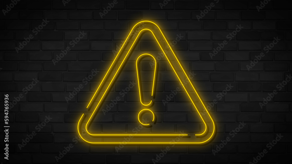 Yellow neon danger sign on brick wall. Elements of web set. Simple icon ...