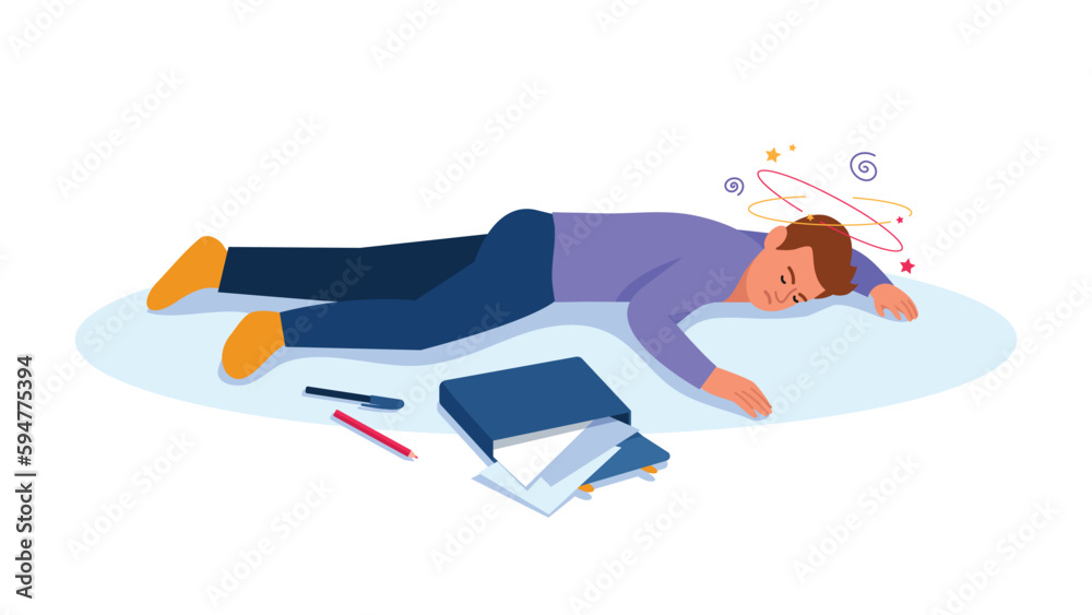 Vector illustration of a fainting boy. Cartoon scene with a guy who got ...
