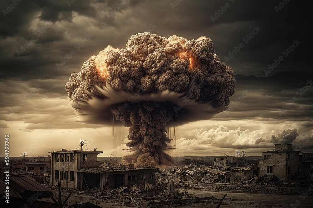 Nuclear radioactive atom bomb explosion with mushroom cloud. Huge power and atomic destruction ...