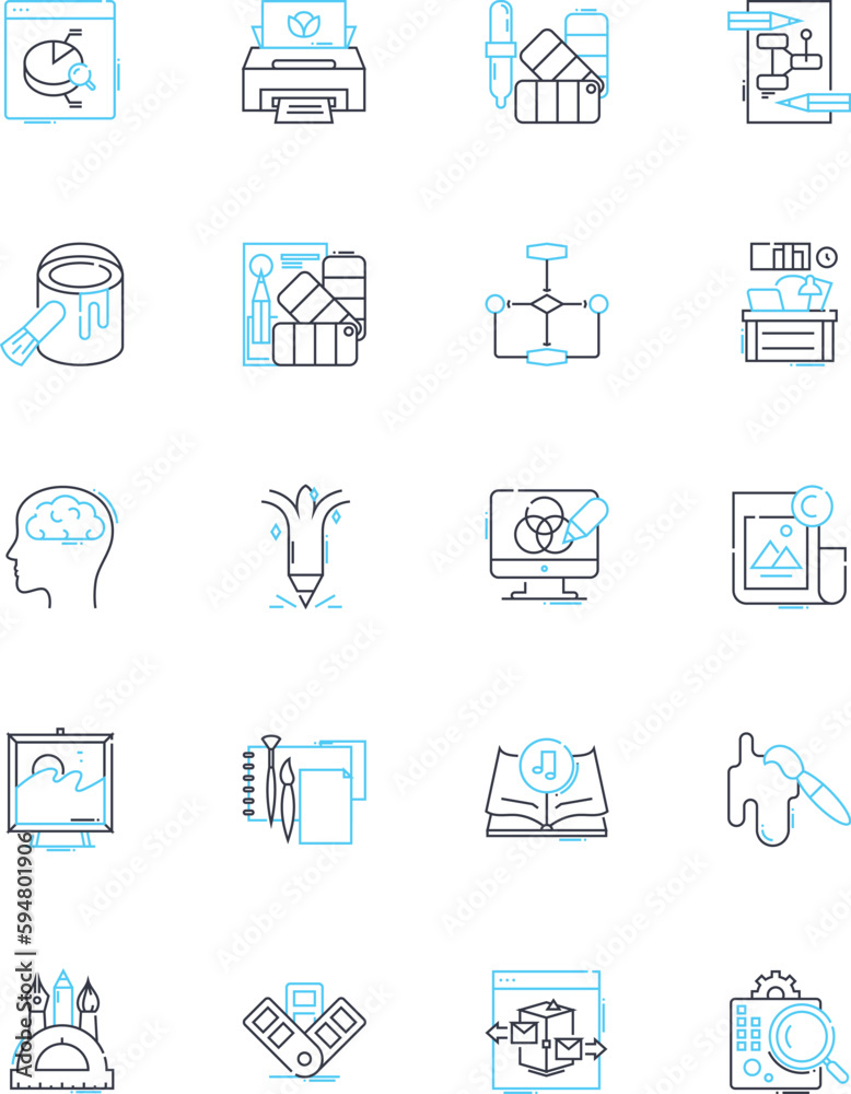 3D artist linear icons set. Modeling, Texturing, Animation, Rendering, Sculpting, Lighting ...
