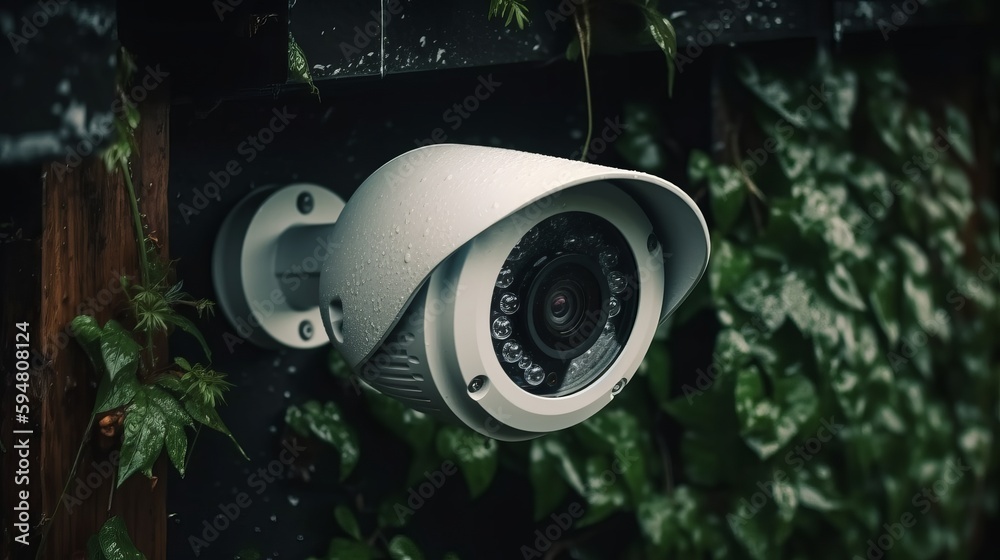 IP camera installed with waterproof coating to protected. Blurred city ...