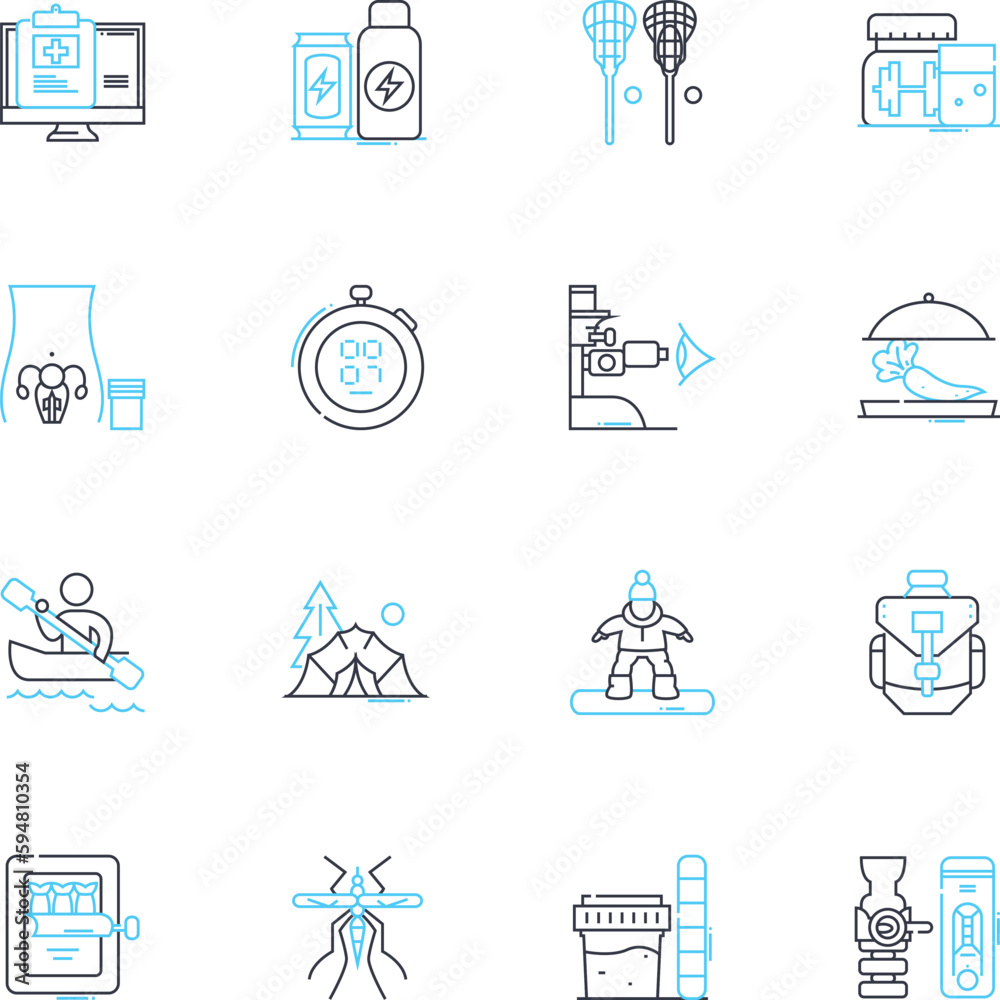 Physical fitness linear icons set. Endurance, Strength, Cardio, Agility ...
