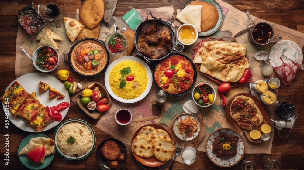 Food from many countries, parts of the world, representing diverse ...