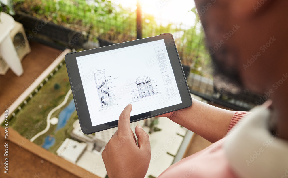 Hands Tablet And Architecture Design With Blueprint Model And Planning For Property