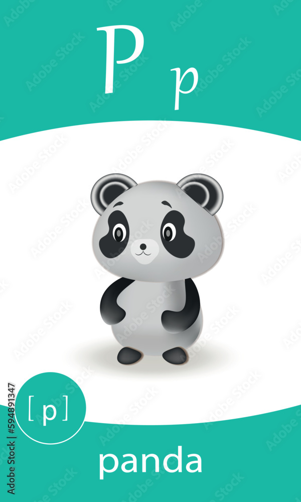 English alphabet flash card. Letter P study - panda. Kids ABC cards ...