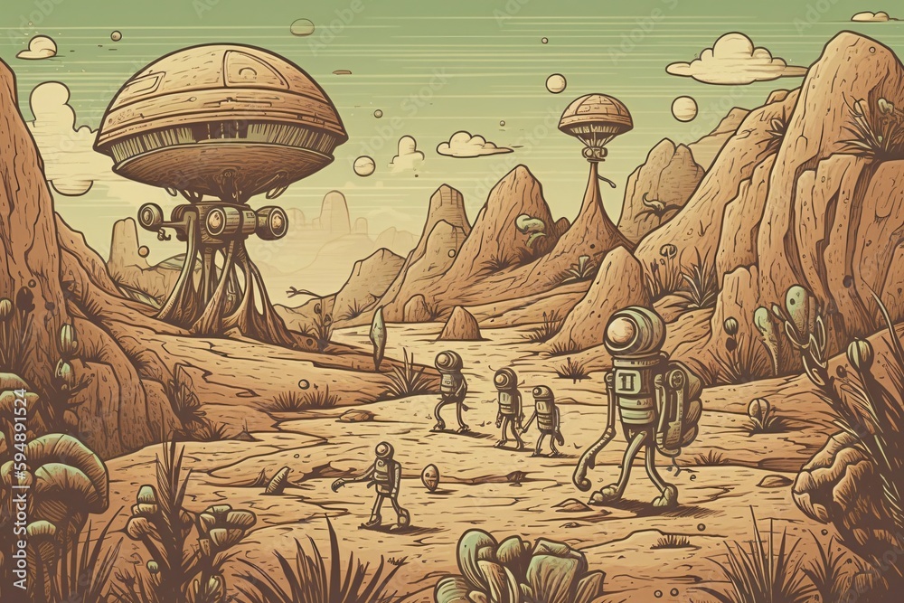 many metal robots that look like aliens roam through a rocky landscape ...