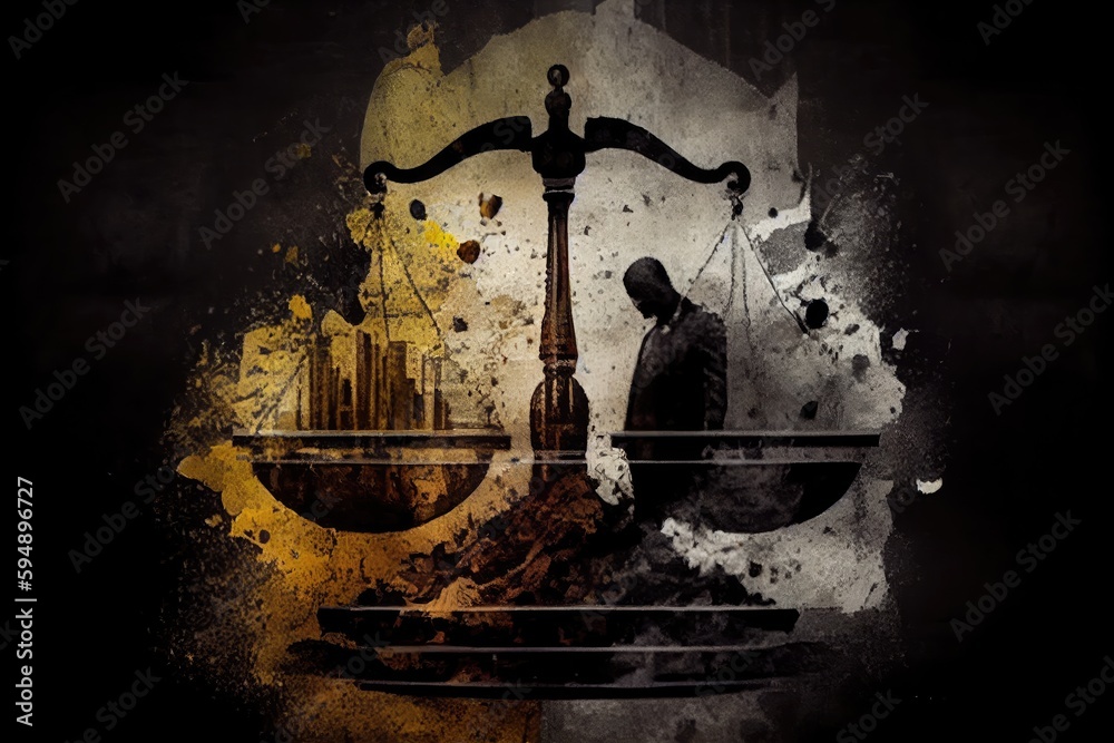 scales of justice, showing the guilty being sentenced to prison ...