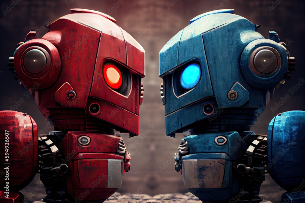 two robots, one red and the other blue, stare each other down in intense battle, created with ...