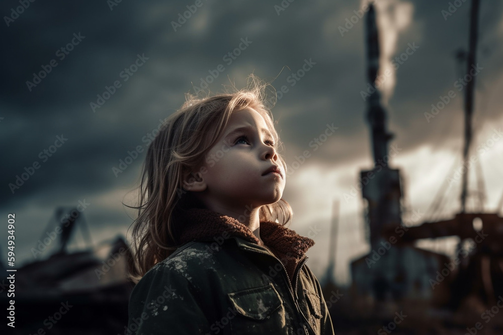 abstract, sad young child looks up in the sky with a nuclear rocket ...
