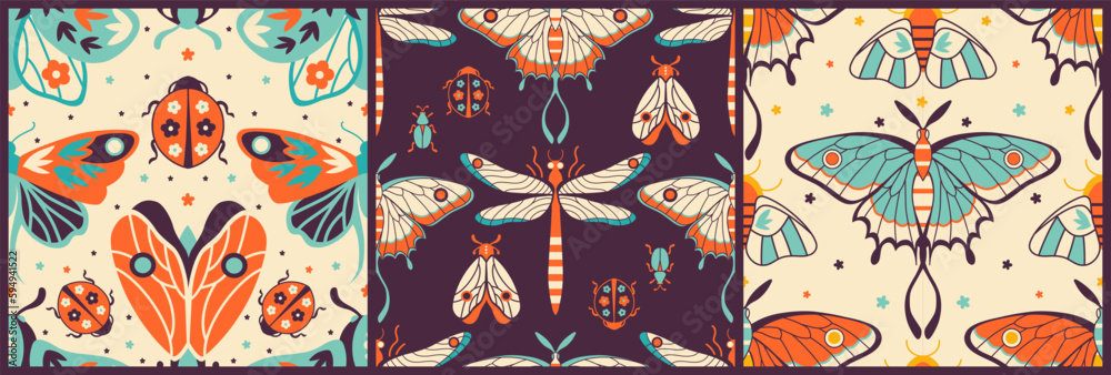 Vector de Stock Boho seamless patterns with mystery insects. Retro-inspired, nostalgia endless ...