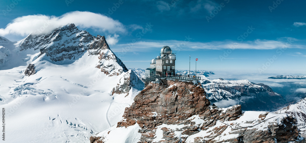Aerial panorama view of the Sphinx Observatory on Jungfraujoch - Top of ...