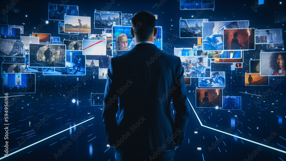 Virtual Reality Internet Interface Concept: Businessman in 3D ...
