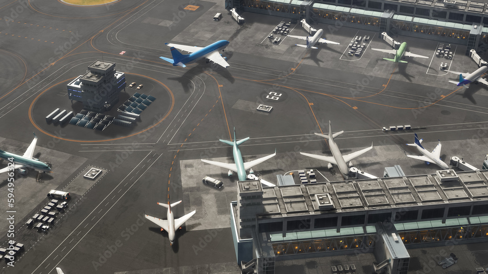Aerial View of a 3D Commercial Airport Render with Parked Planes ...