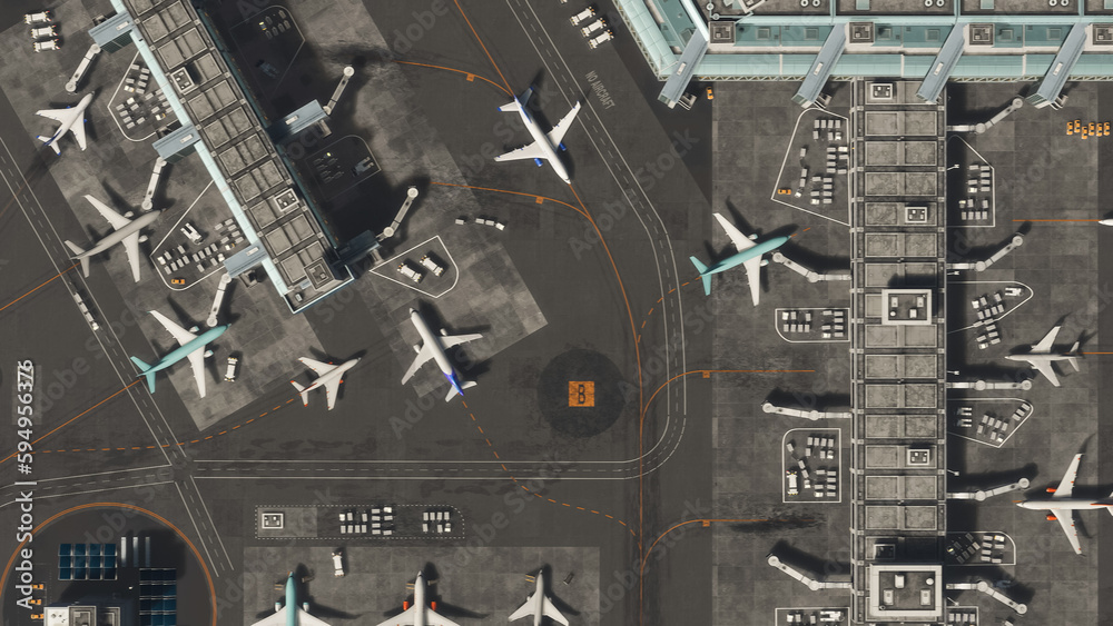 Aerial View of a 3D Commercial Airport Render with Parked Planes ...