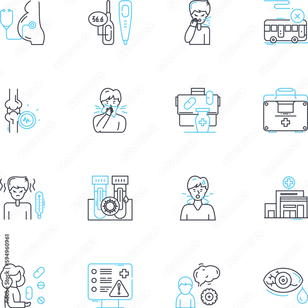 Respiratory illness care linear icons set. Asthma, Bronchitis, COPD ...