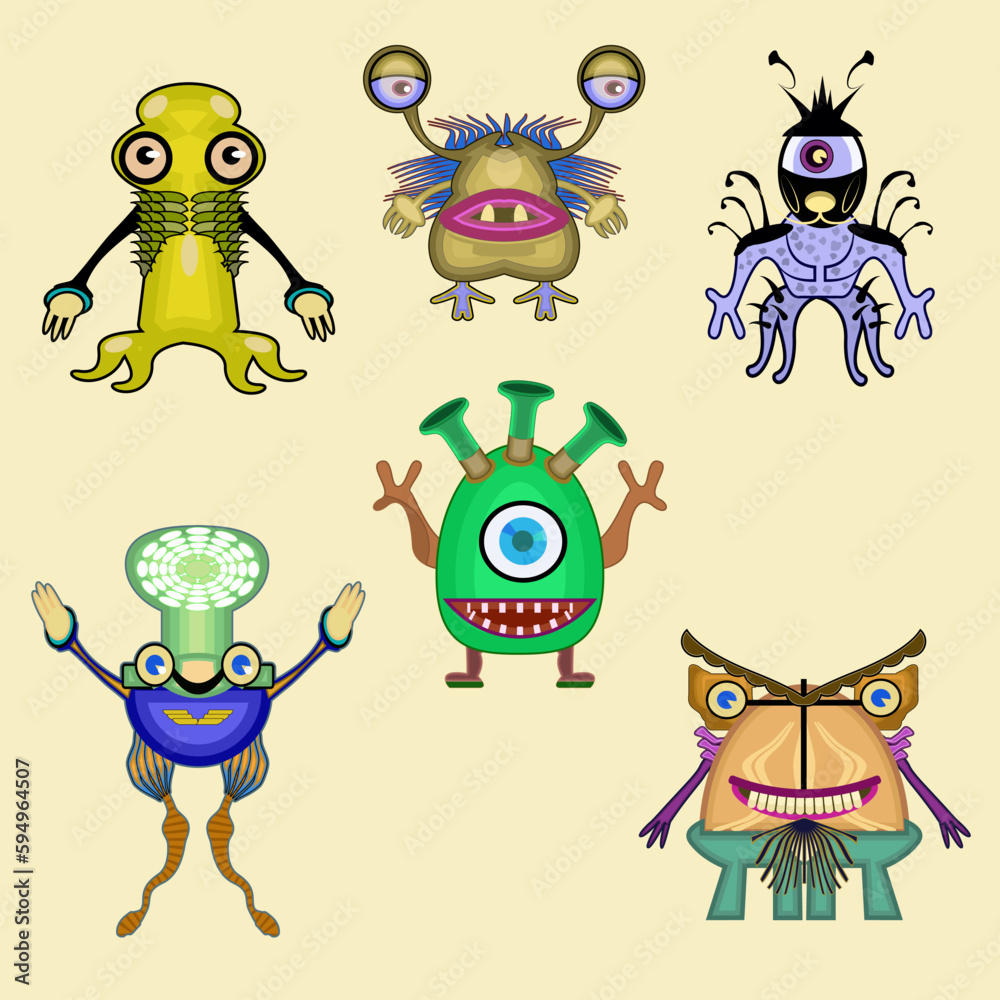 cartoon monster, Alien. Set. Character design, collection of cute ...