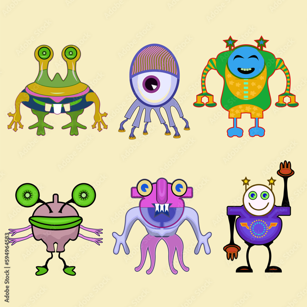 cartoon monster, Alien. Set. Character design, collection of cute ...