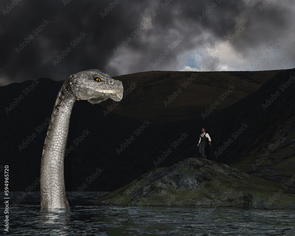 3d illustration of the Loch Ness Monster or similiar sea serpent lake ...