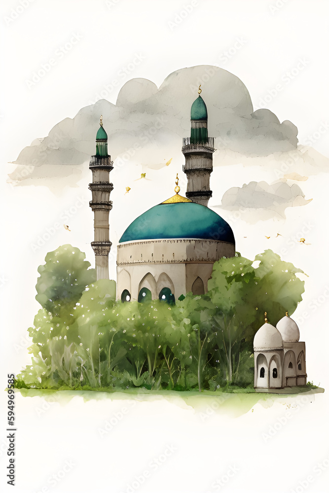 Aesthetic Watercolor painting of a Mosque illustration with Leaves ...