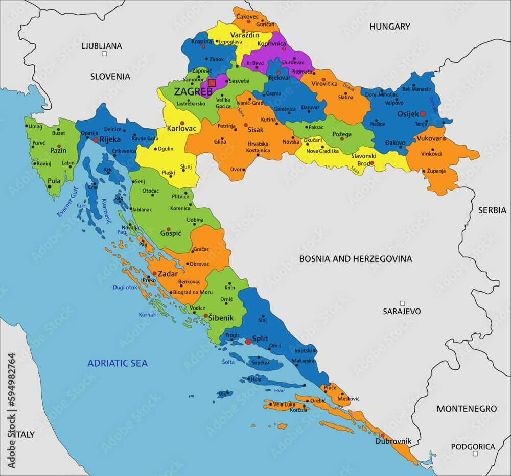 Colorful Croatia political map with clearly labeled, separated layers ...