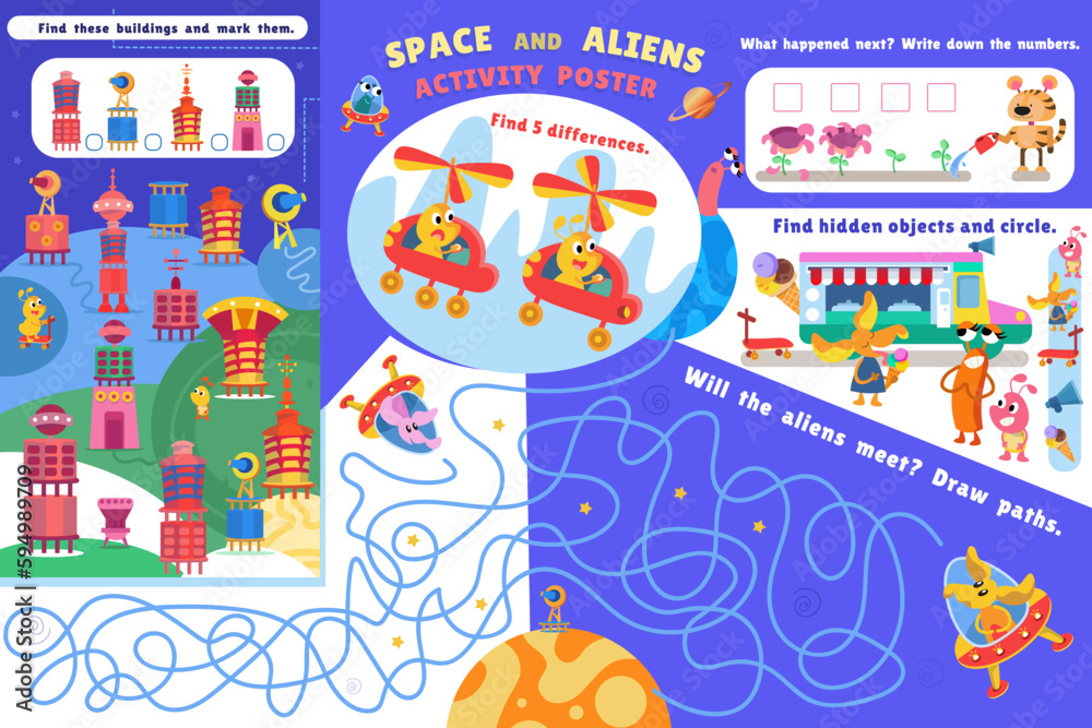 Space activity poster. Puzzles, maze, find differences, write numbers ...