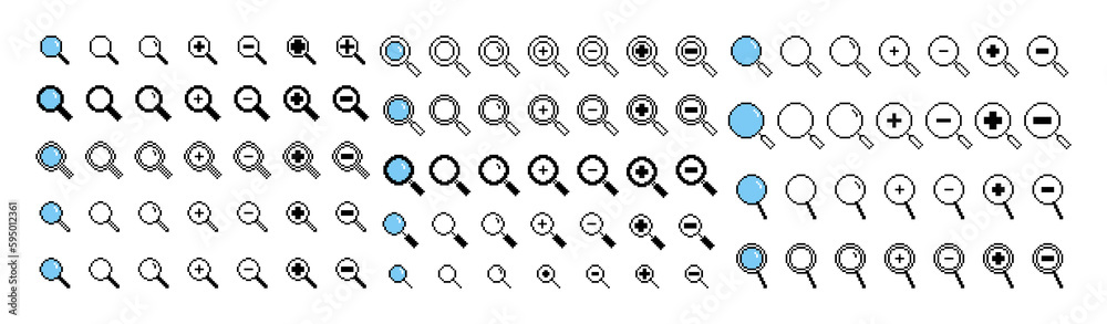 search magnifying glass zoom 8bit pixel icon sheet, vector pixel art ...