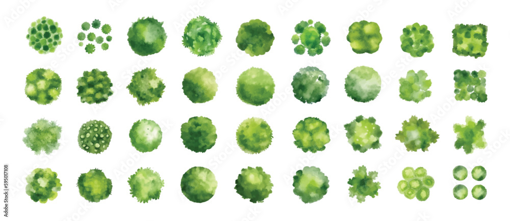 Various green trees, bushes and shrubs, top view for landscape design ...