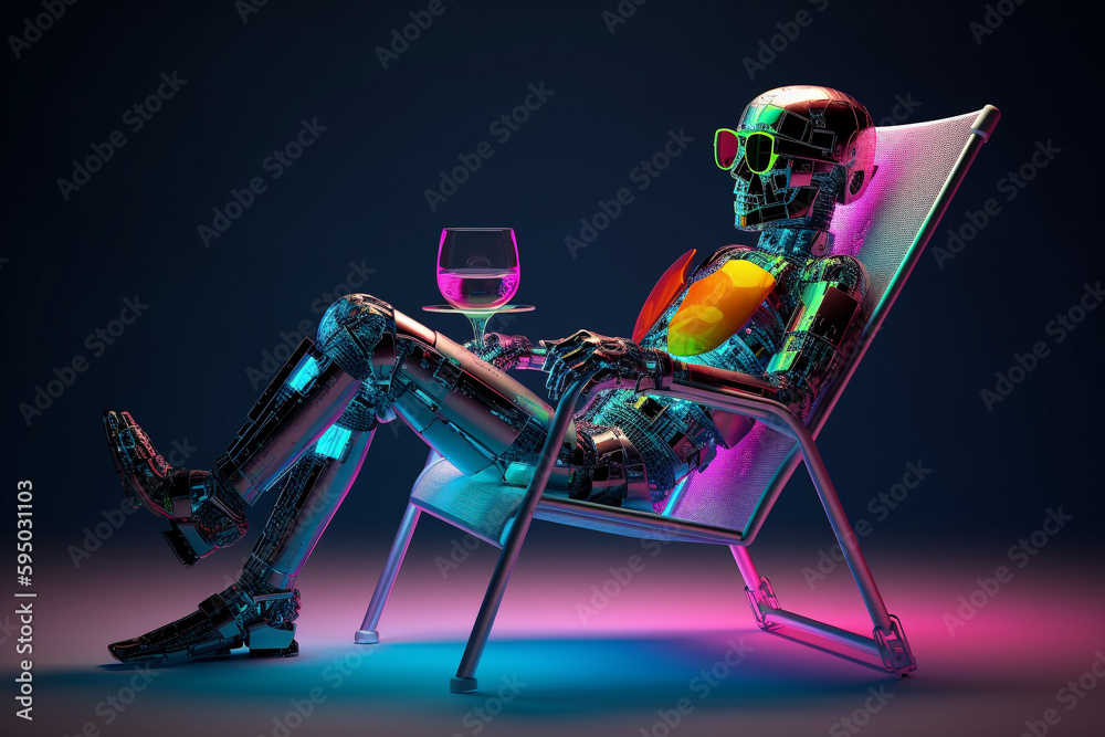 Cute robot with sunglasses, chilling on a beach chair with a cocktail ...