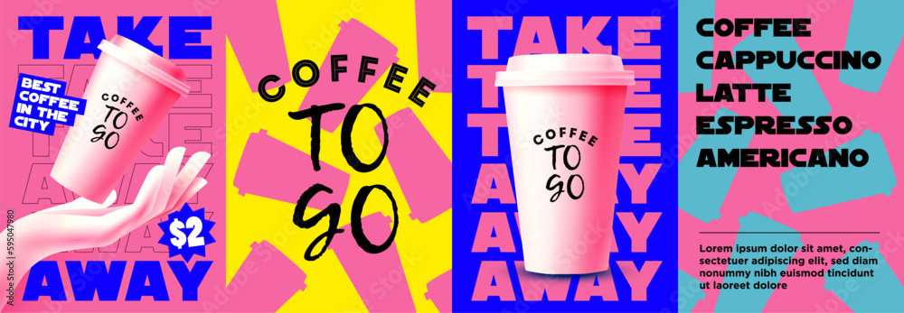 Coffee to go or take away poster or flyer set or coffee shop menu cover ...
