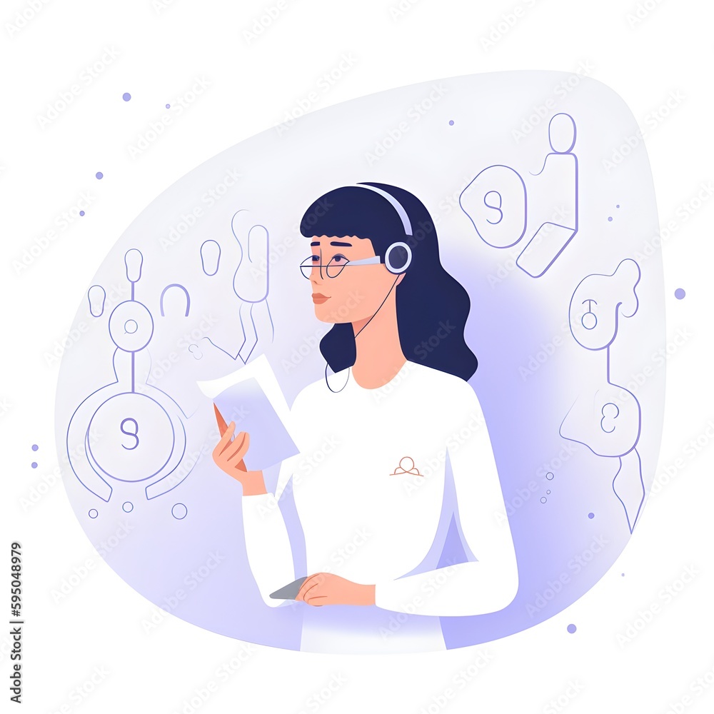 Cartoon illustraion of virtual assistant with digital elements and ...
