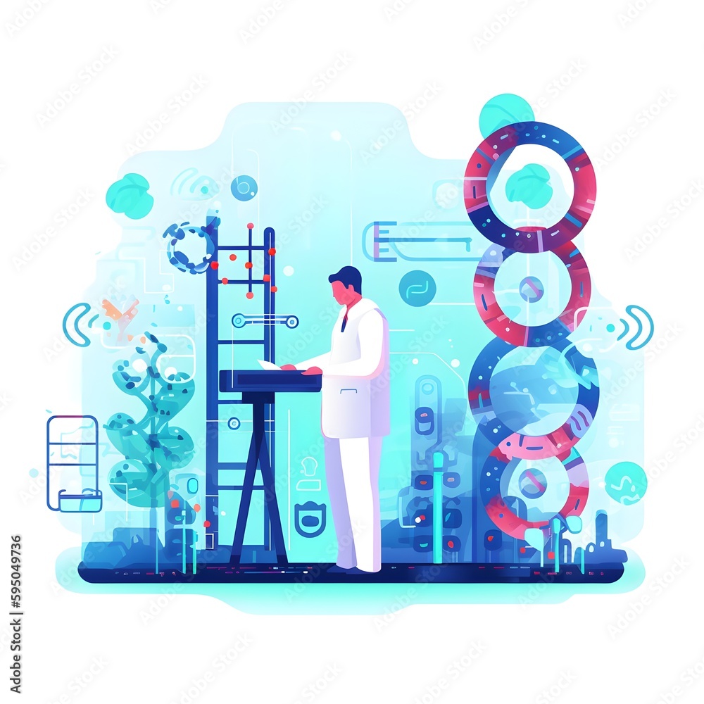 Digital art work of doctor at work in a futuristic hospital room ...