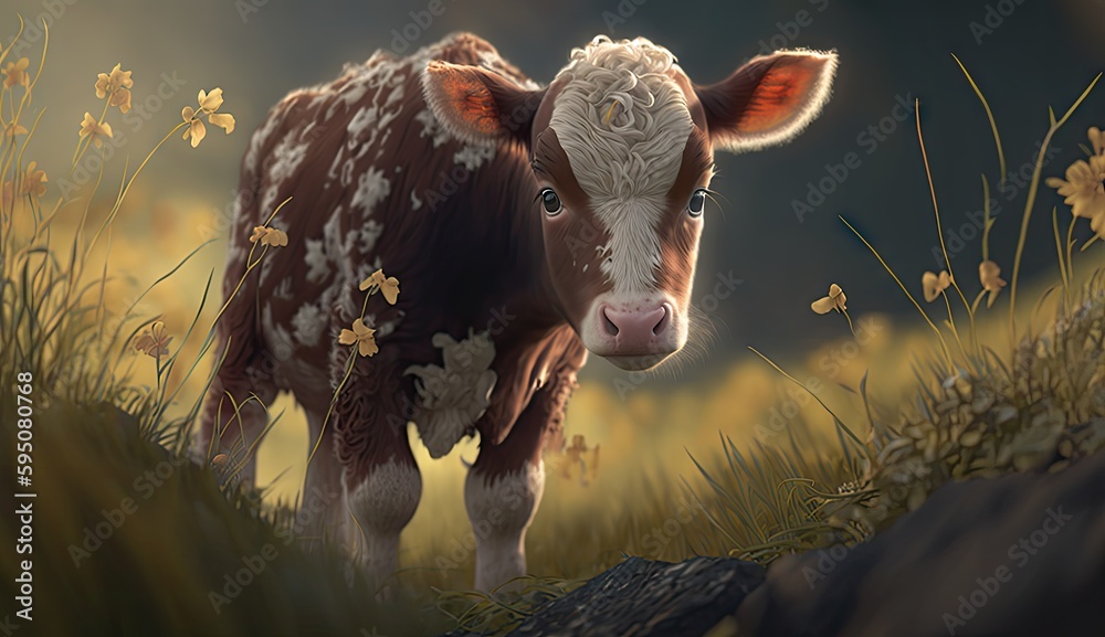 Wallpaper of a cute baby cow on a meadow. Created with generative Ai ...