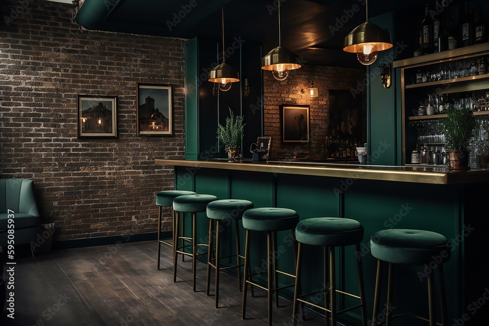British pub green bar counter with alcohol on shelves with bar stools ...