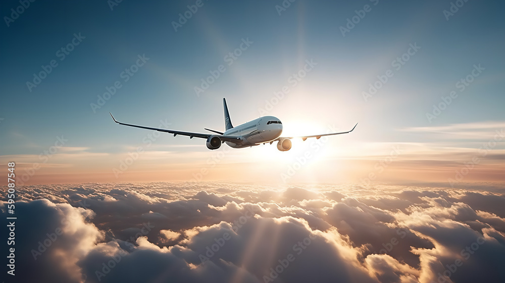 Passenger airplane soaring through a clear blue sky with fluffy white ...