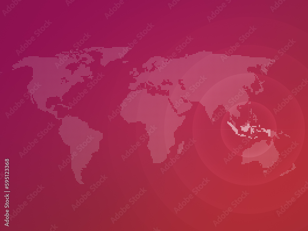 Dotted halftone world map with the country of Indonesia highlighted ...