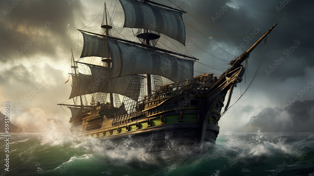 An old pirate ship in a storm, ai generative Stock Illustration | Adobe ...