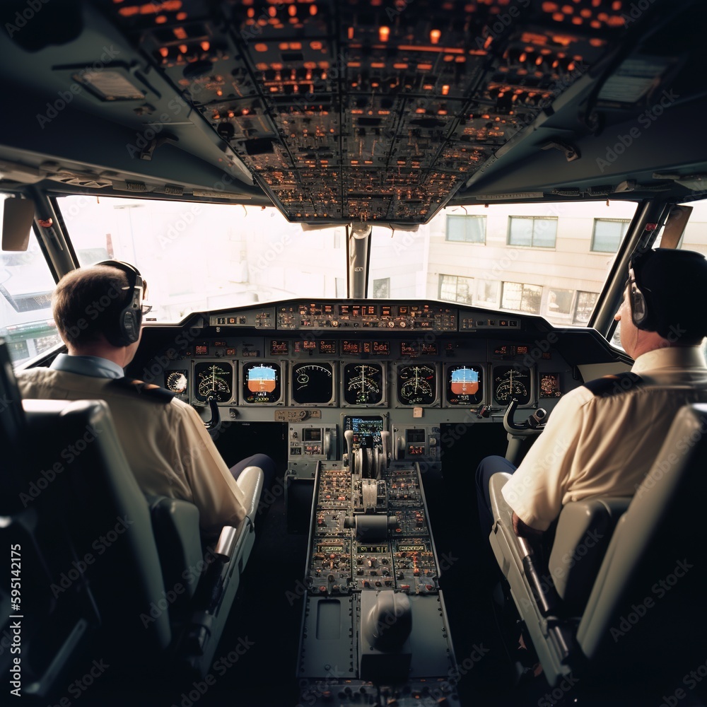 general view of a commercial flight simulator cockpit, with two pilots ...