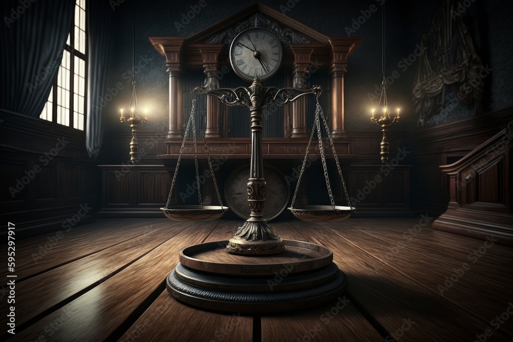 Scales of justice in the courtroom, dark lighting, punishment system ...