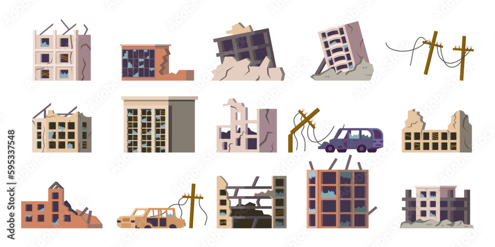 Ruined building set. Buildings after earthquake. Cartoon abandoned flat ...