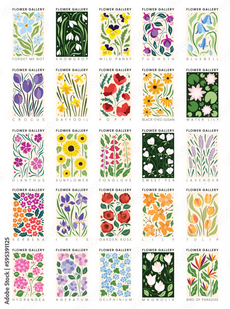set of elements posters flower wildflower clipart wall art garden Stock ...