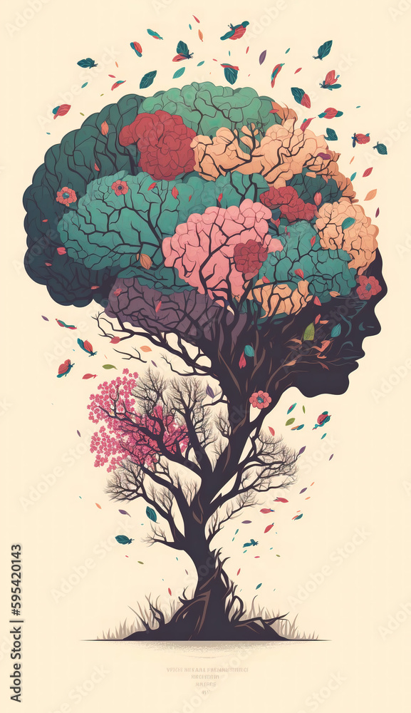 Human brain tree with flowers mental health, self care concept ...