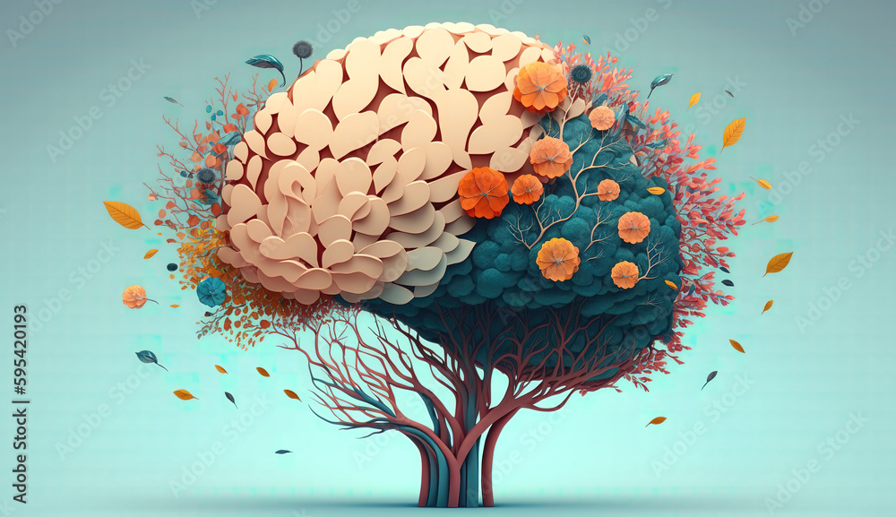 Human brain tree with flowers mental health, self care concept ...