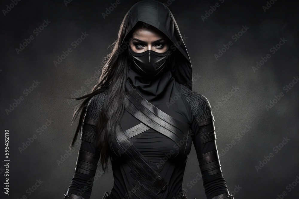 Ninja woman in full bodysuit isolated black background. Concept of ...