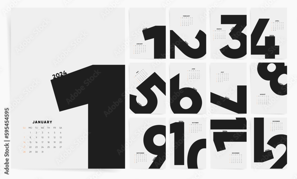 Monthly calendar template for 2024 year. Week Starts on Sunday. Modern ...