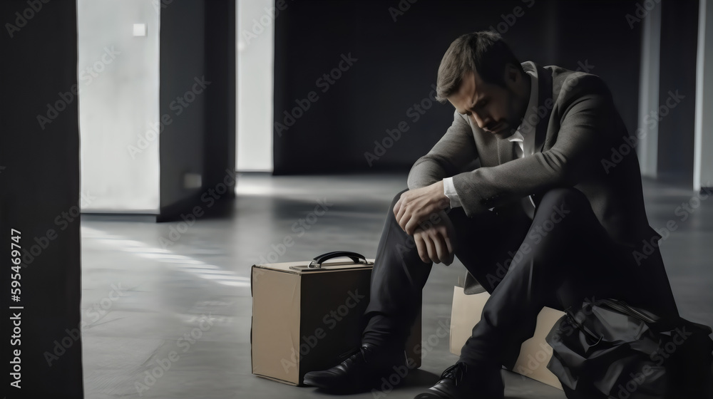 a sad man sitting with his personal belongings on the floor and feeling ...