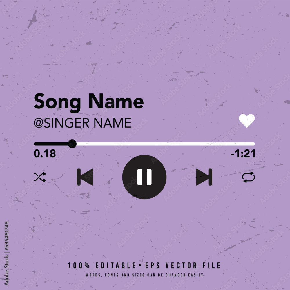 Editable Audio player interface design element with song photo frame, buttons, loading bar and ...