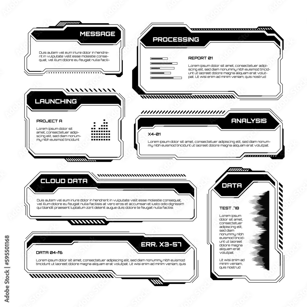Black futuristic HUD, UI elements. Sci-fi user interface text boxes ...