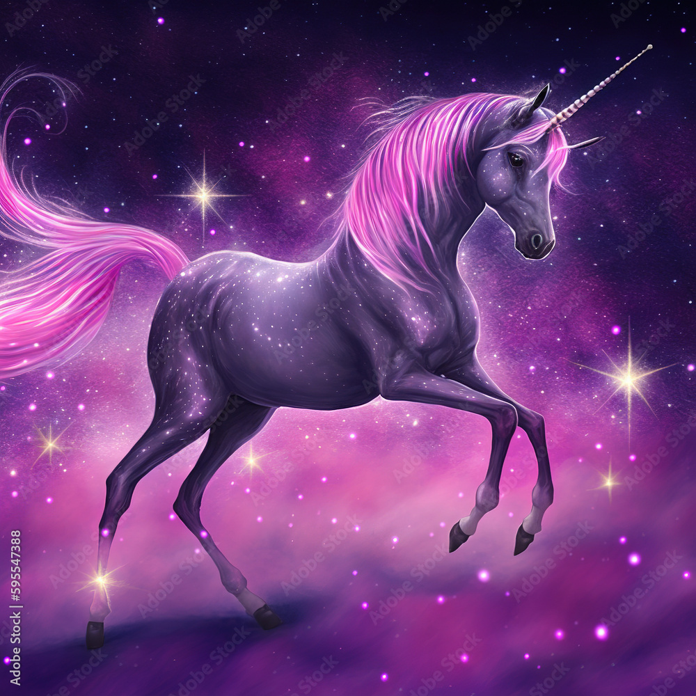 Beautiful illustration of realistic pink unicorn with twinkling bright ...